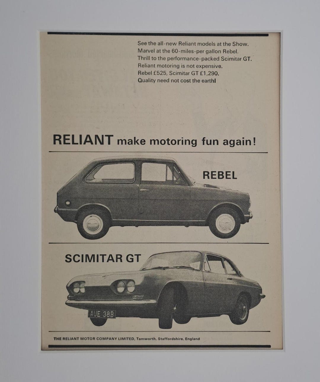 1964 Reliant Rebel and Scimitar GT Cars Original Full Page Vintage ...