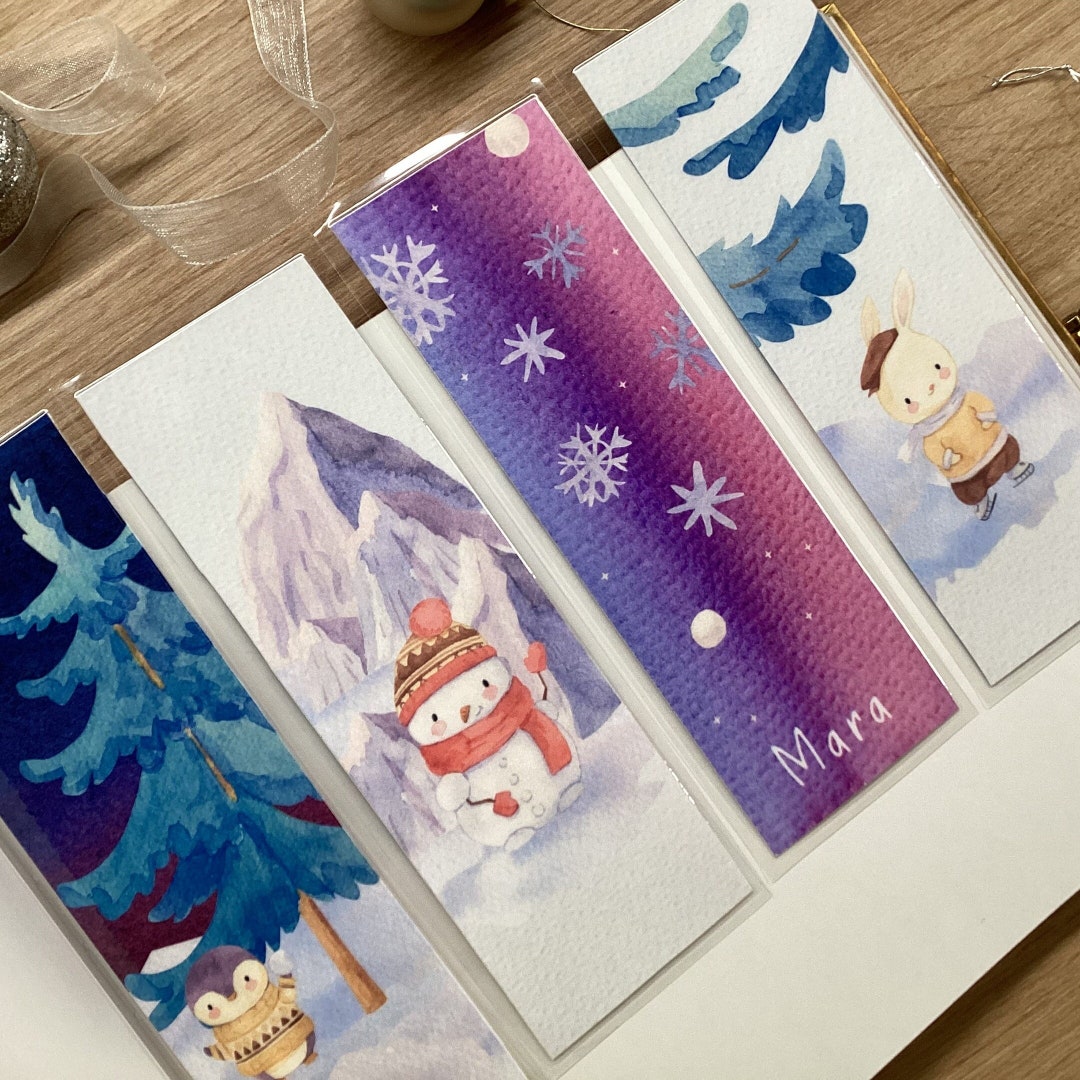 SET of Christmas Penguins and Bunnies Bookmarks in Watercolor, Winter ...