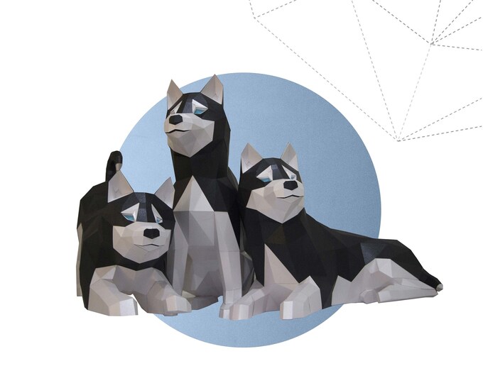 Papercraft 3D 3 HUSKY PACK DOG Puppy Pepakura Pdf Template Low ...