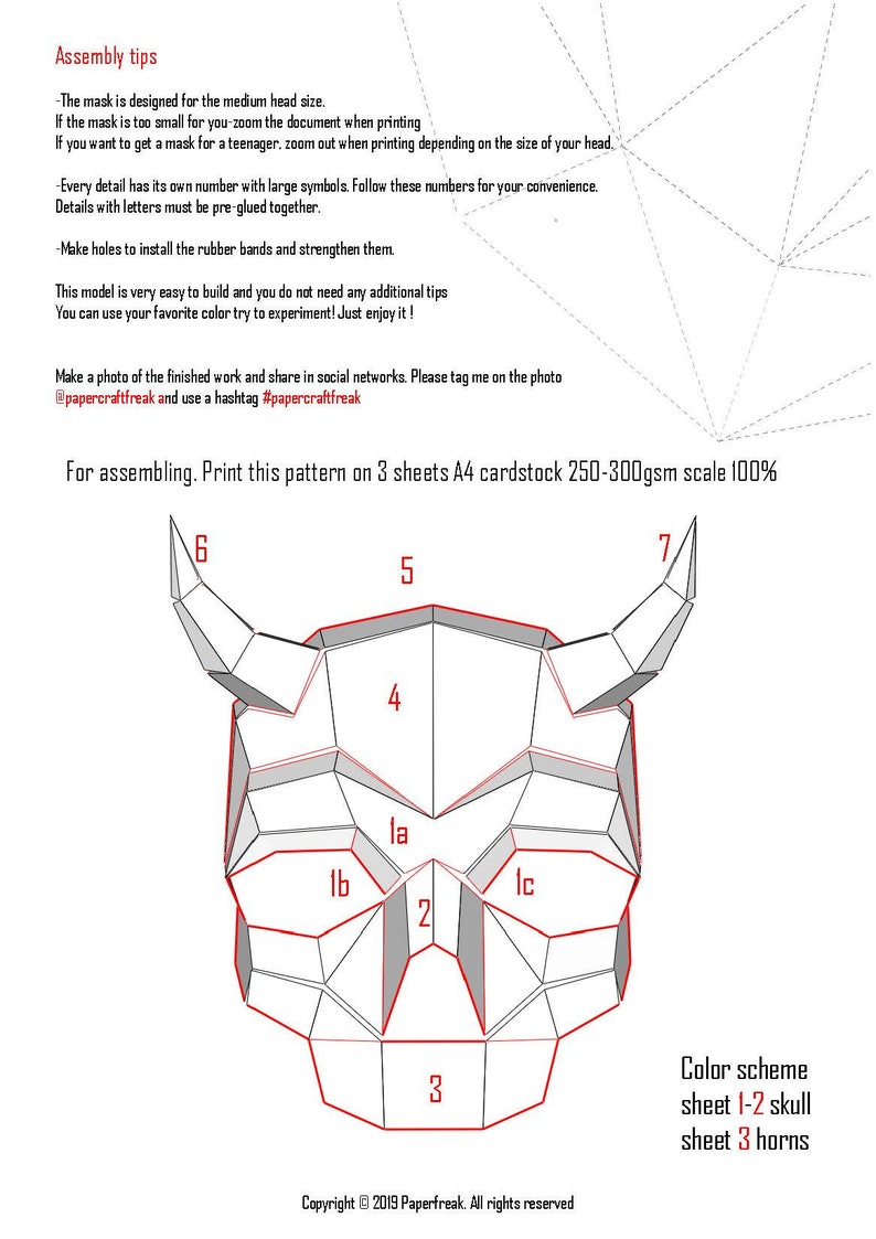 Papercraft 3D HORNED SKULL Half MASK 3 Halloween Demon - Etsy