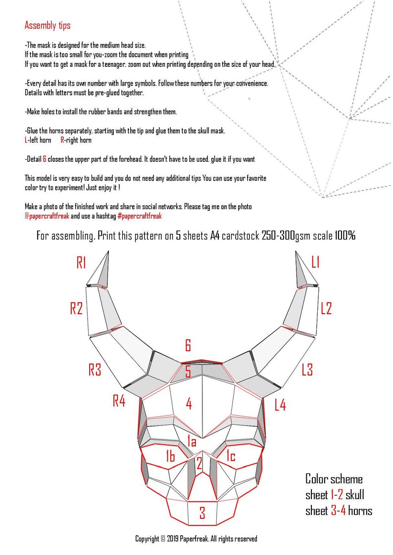 Papercraft 3D HORNED SKULL Half MASK 1 Halloween Demon | Etsy UK