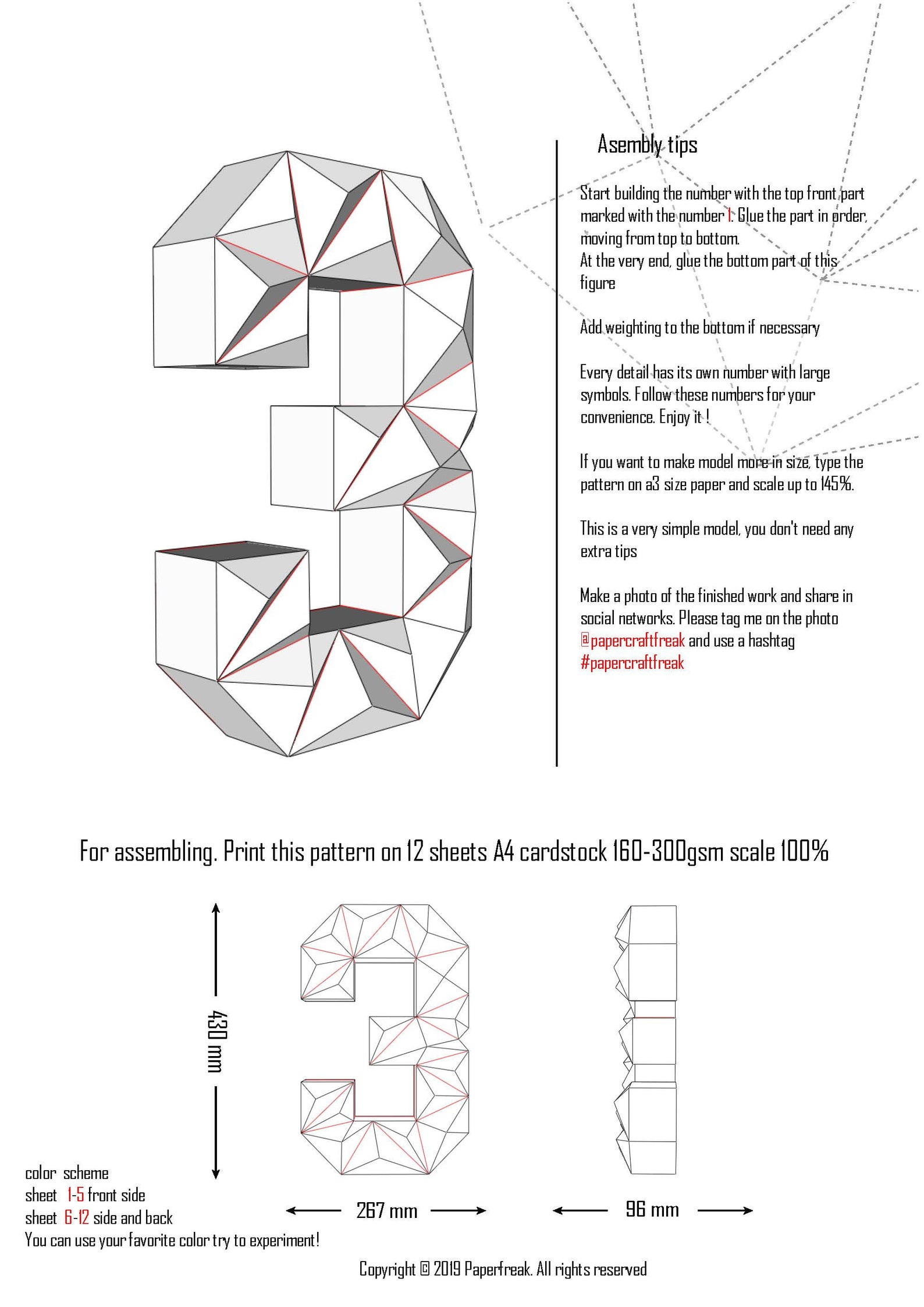 Papercraft 3D THREE 3 NUMBER Birthday Party Decor Pepakura Low | Etsy
