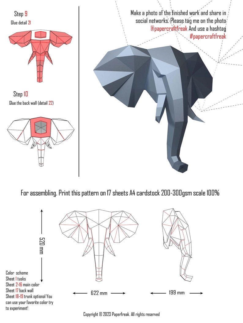 Papercraft 3D ELEPHANT HEAD New Pepakura Low Poly Paper - Etsy