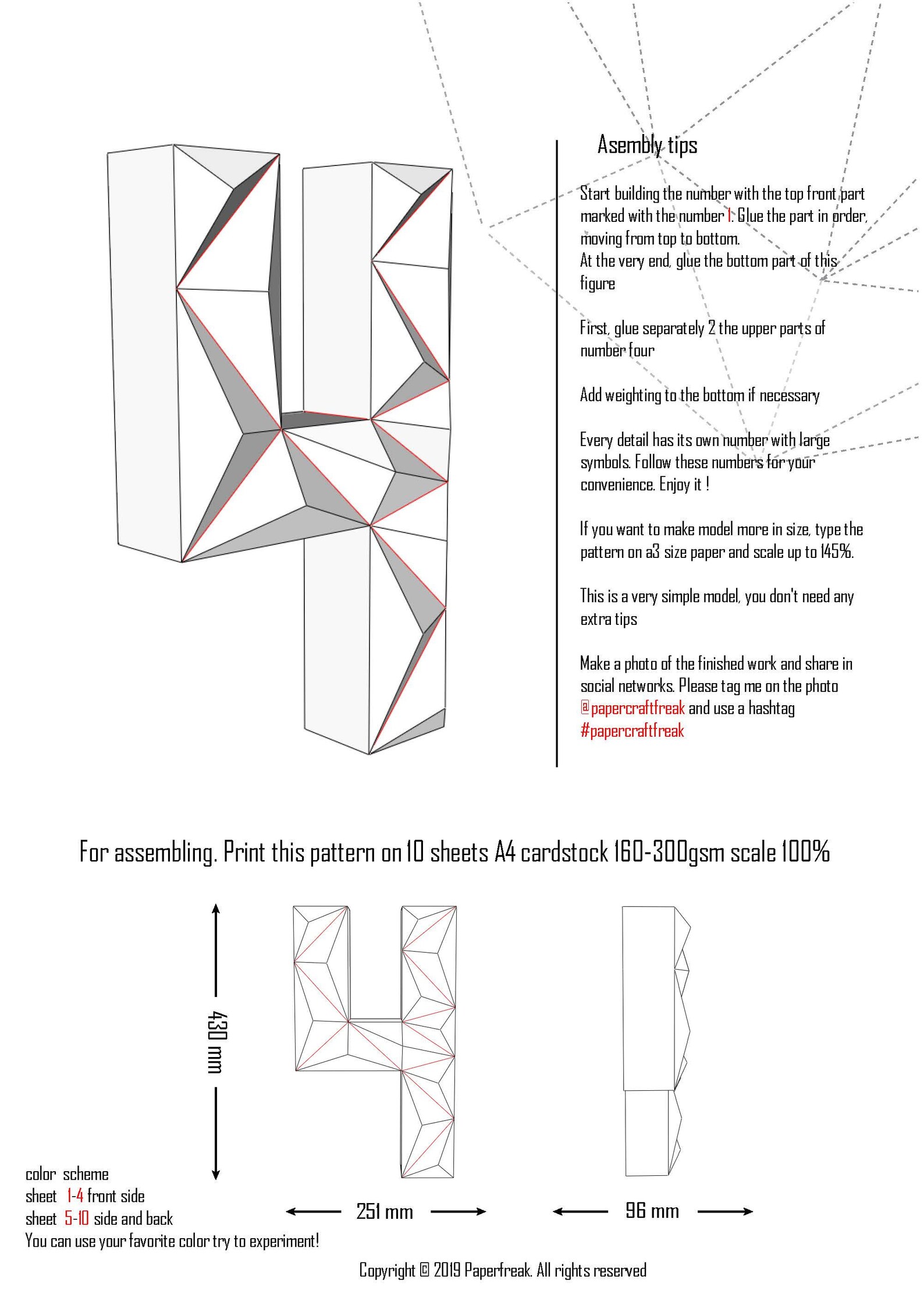 Papercraft 3D FOUR 4 NUMBER Birthday Party Decor Pepakura Low - Etsy