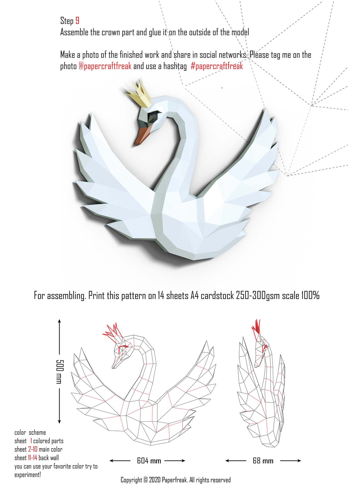 Papercraft 3D SWAN WITH CROWN mirror Version Pepakura Pdf | Etsy