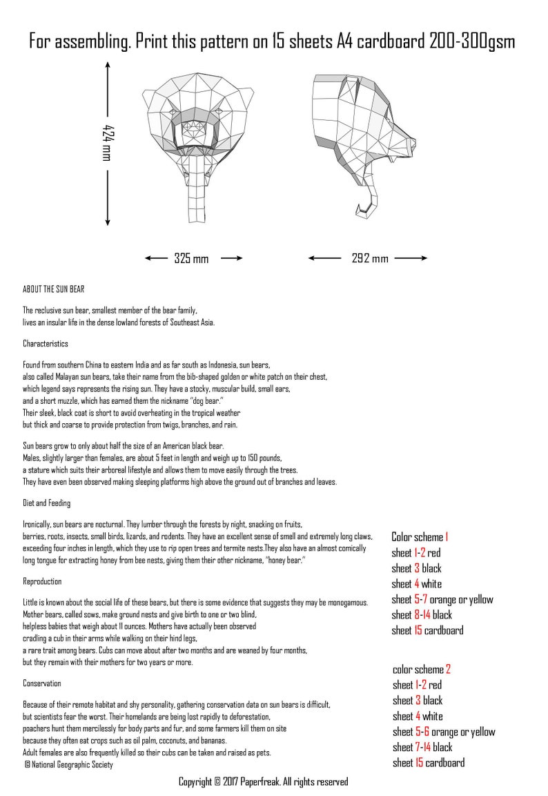 Papercraft 3D MALAYAN SUN BEAR Head Pepakura Pdf Template - Etsy