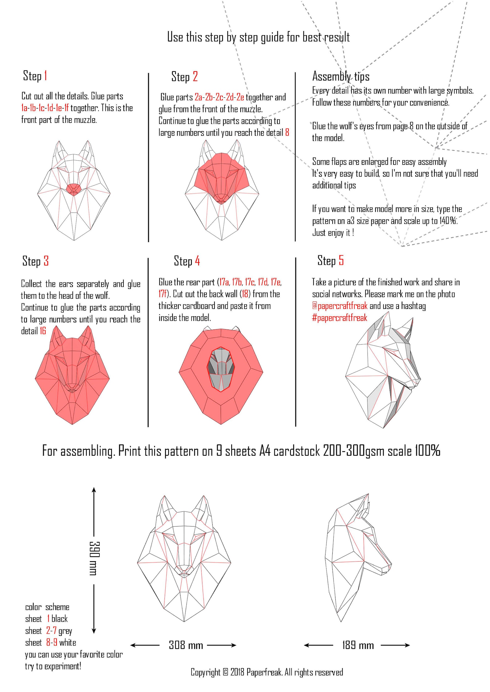 Papercraft 3D WOLF HEAD Pepakura Low Poly Paper Sculpture DIY Gift ...