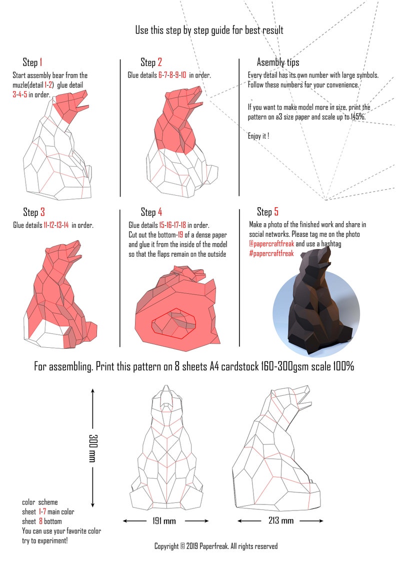 Papercraft 3D BEAR FIGURE Small Size Pepakura Pdf Template Low - Etsy