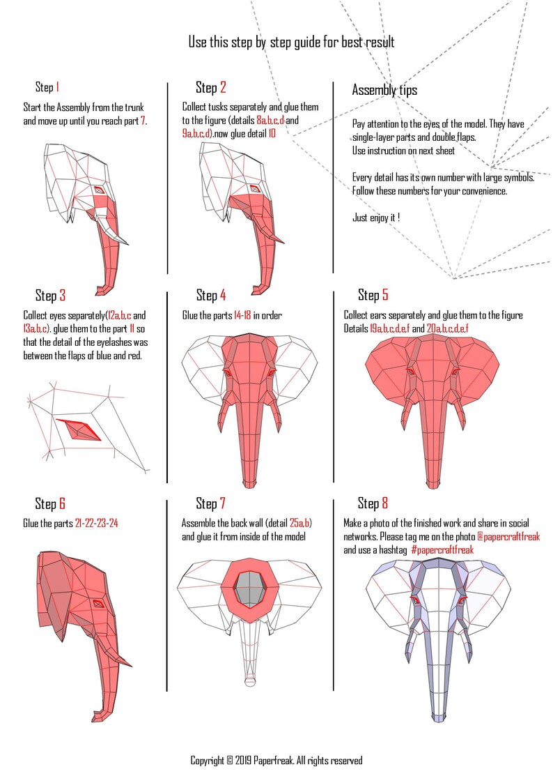 Papercraft 3D ELEPHANT HEAD Pepakura Low Poly Paper Sculpture - Etsy