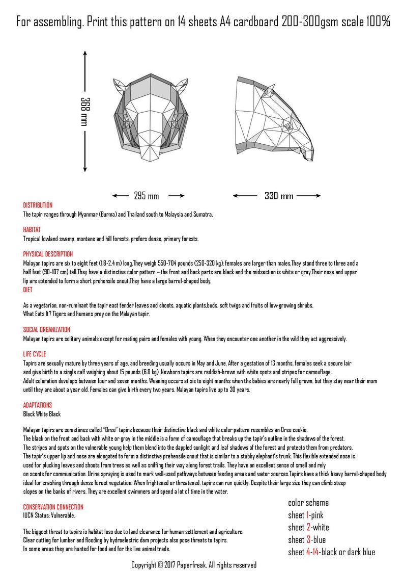 Papercraft 3D MALAYAN TAPIR Head Pepakura Pdf Template - Etsy