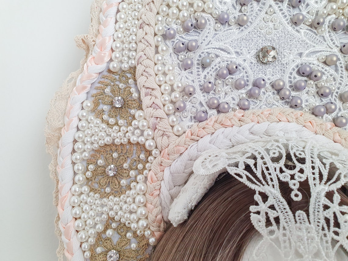 White Traditional Slavic Headwear Beige Original Handmade Tiara Chinese ...