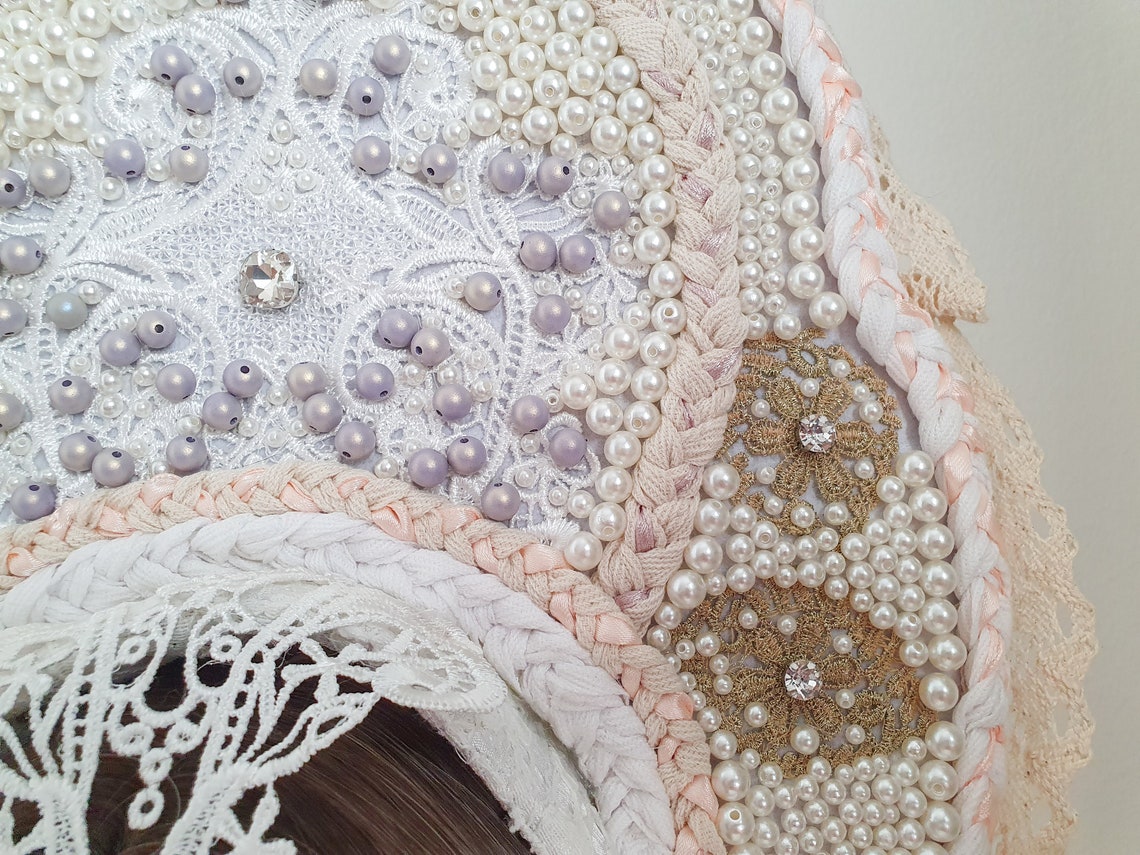 White Traditional Slavic Headwear Beige Original Handmade Tiara Chinese ...