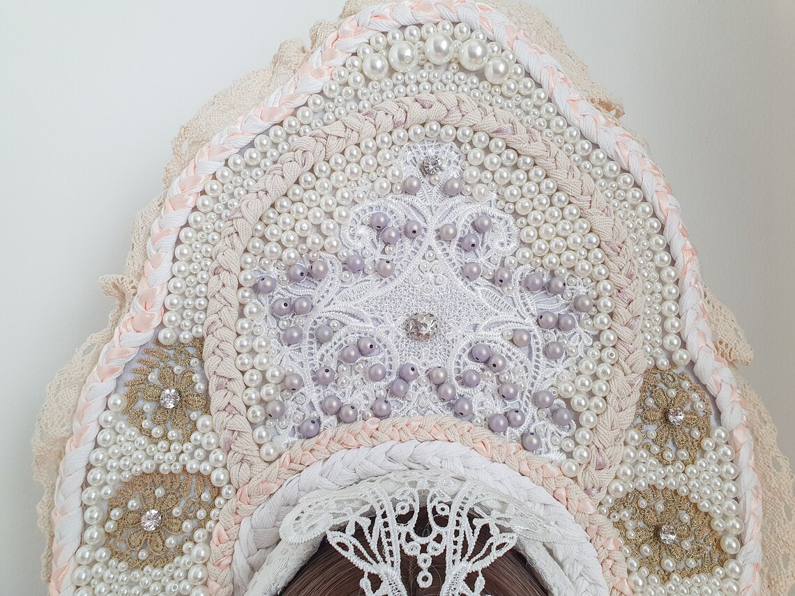 White Traditional Slavic Headwear Beige Original Handmade Tiara Chinese ...