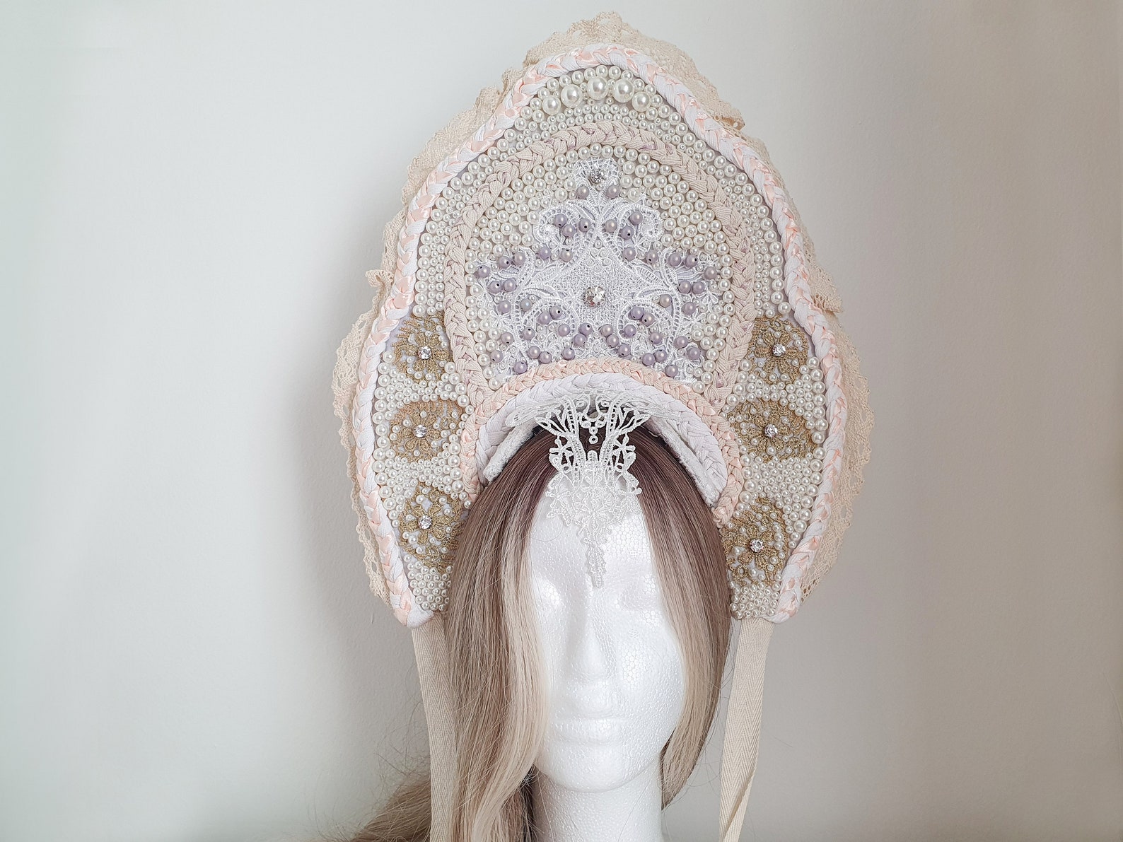 White Traditional Slavic Headwear Beige Original Handmade Tiara Chinese ...