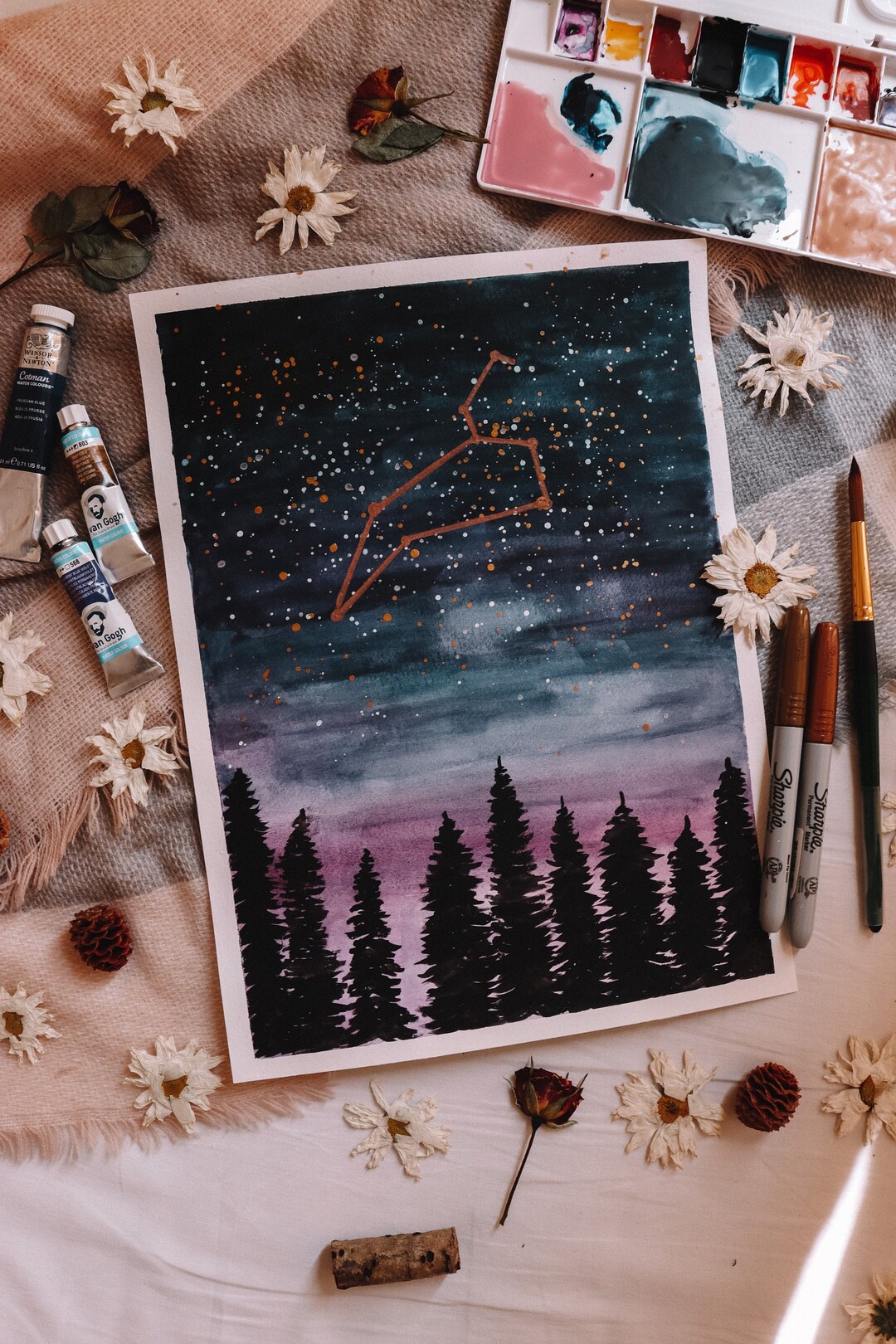 Personalised Star Sign & Night Sky Watercolour Painting 2432 Cm - Etsy