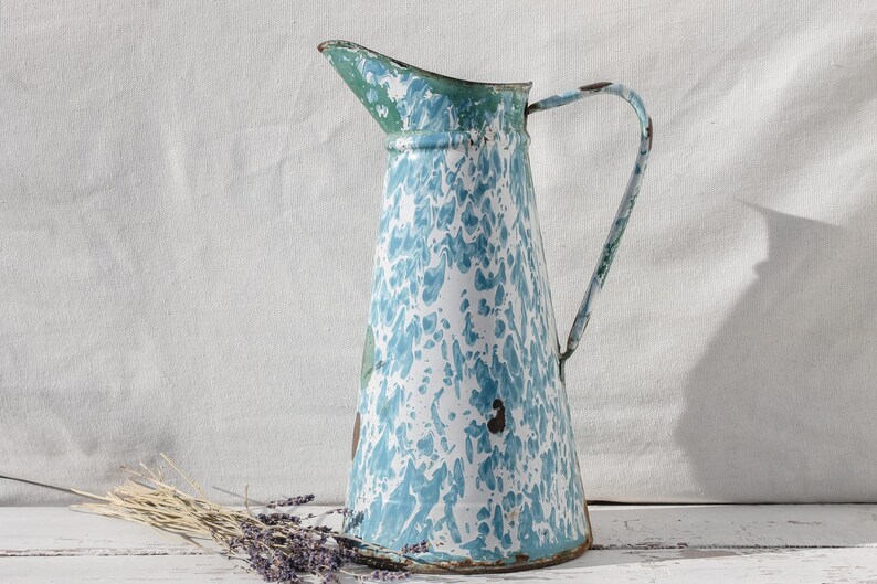 Large Blue & White Enamel Water Pitcher Jug French Vintage - Etsy