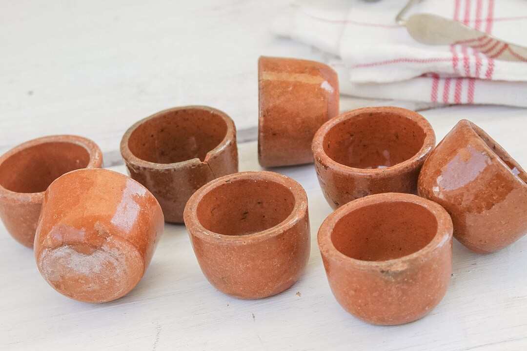8 Vintage French Escargot Snails Stoneware Cups Pots - Orange Brown ...