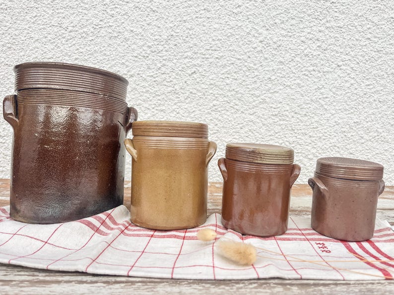 Set of 4 Brown Antique French Confit Pot, Grease Pot, Salt Pot, Crock ...