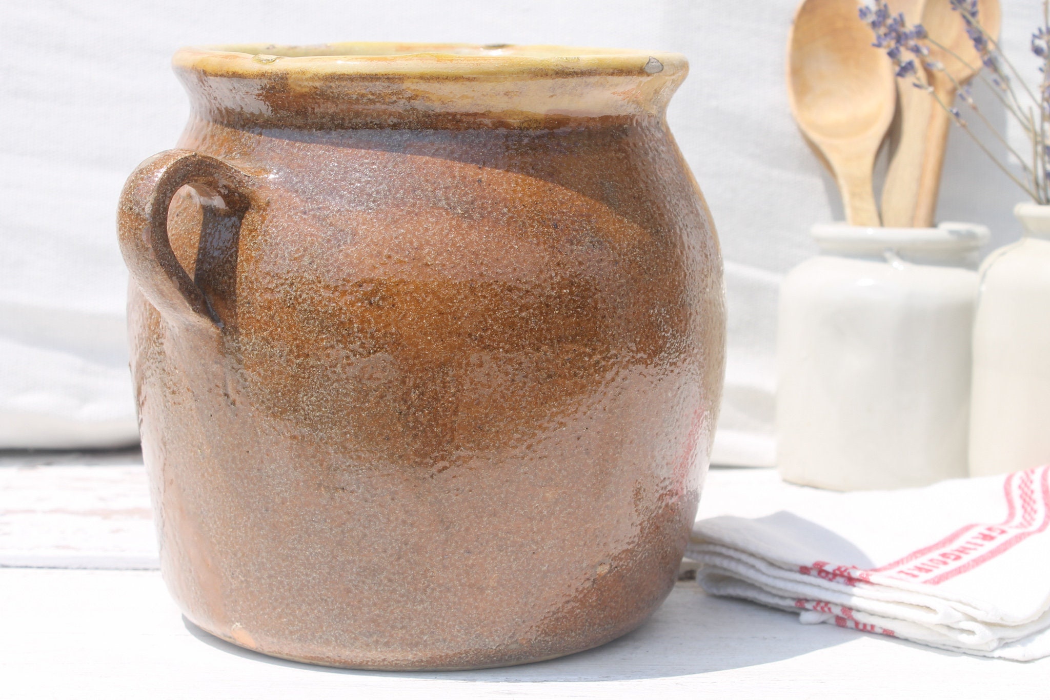 Antique French Brown Glazed Vessel, Confit Pot, France Stoneware ...