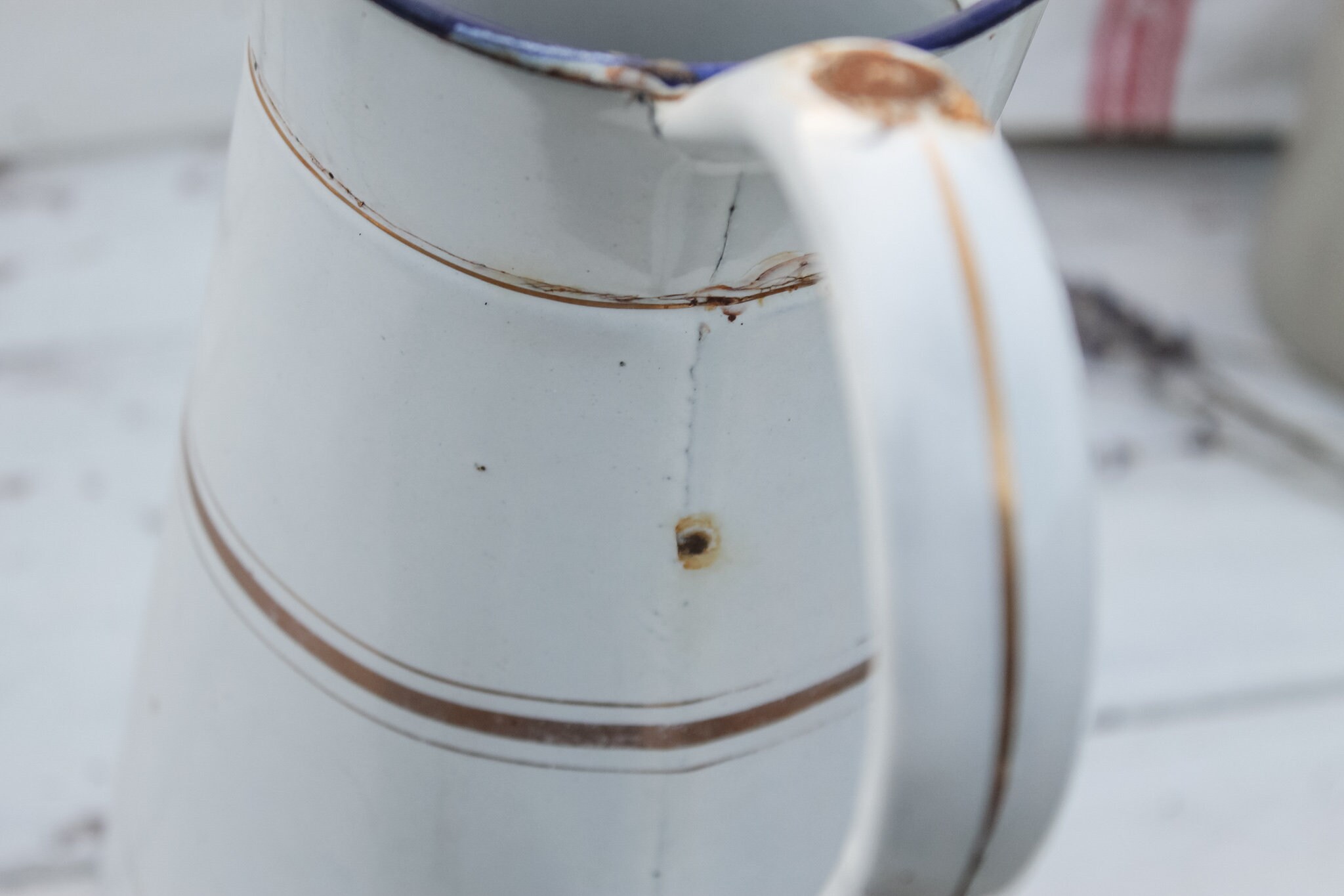 Large White & Gold Enamel Water Pitcher Jug, French Vintage Farmhouse ...
