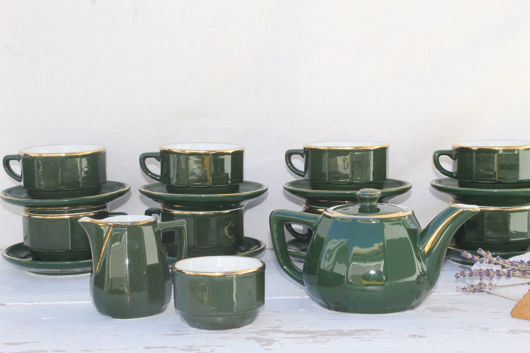 Rare Set of 8 Coffee Cups, Saucers, Coffee Pot, Sugar Bowl Emerald and ...