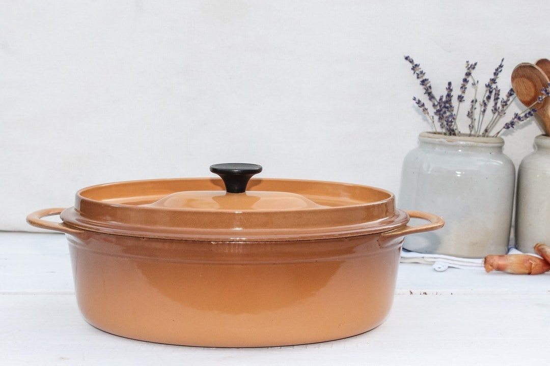 French Vintage Light Brown Enameled Cast Iron Dutch Oven Casserole Dish ...