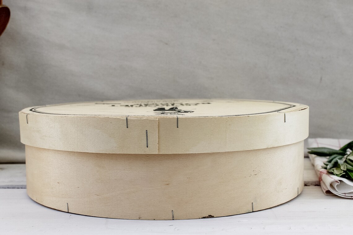 Large French Vintage Round Wood Cheese Box With Illustration Fromagerie ...