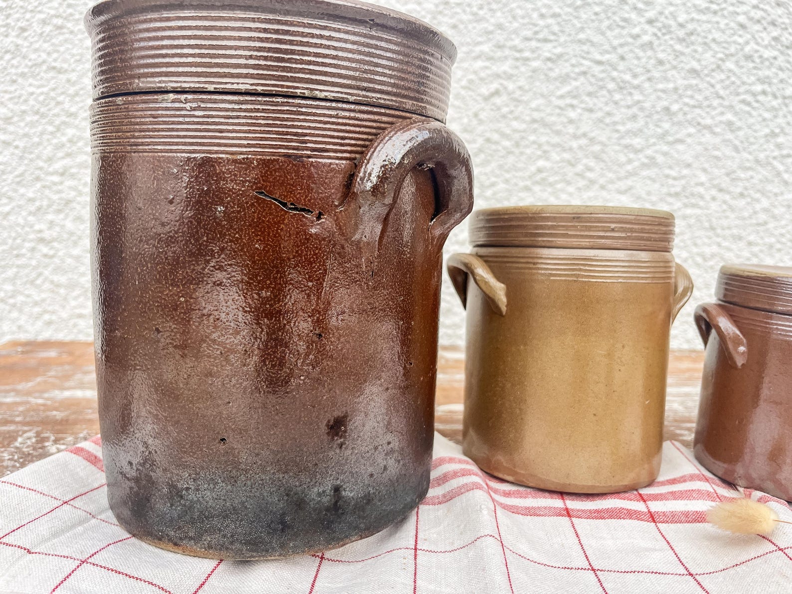 Set of 4 Brown Antique French Confit Pot, Grease Pot, Salt Pot, Crock ...
