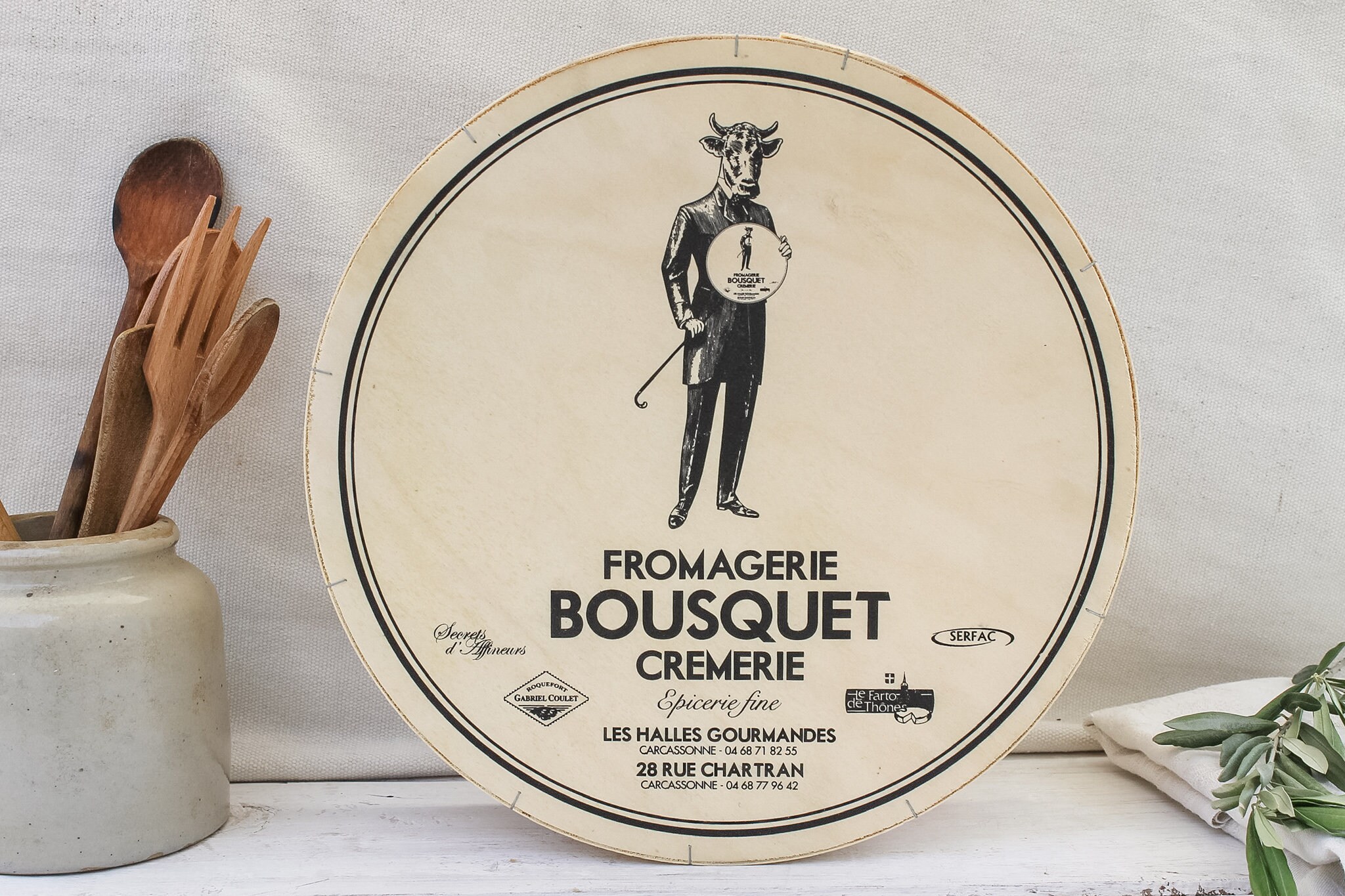 Large French Vintage Round Wood Cheese Box With Illustration Fromagerie ...