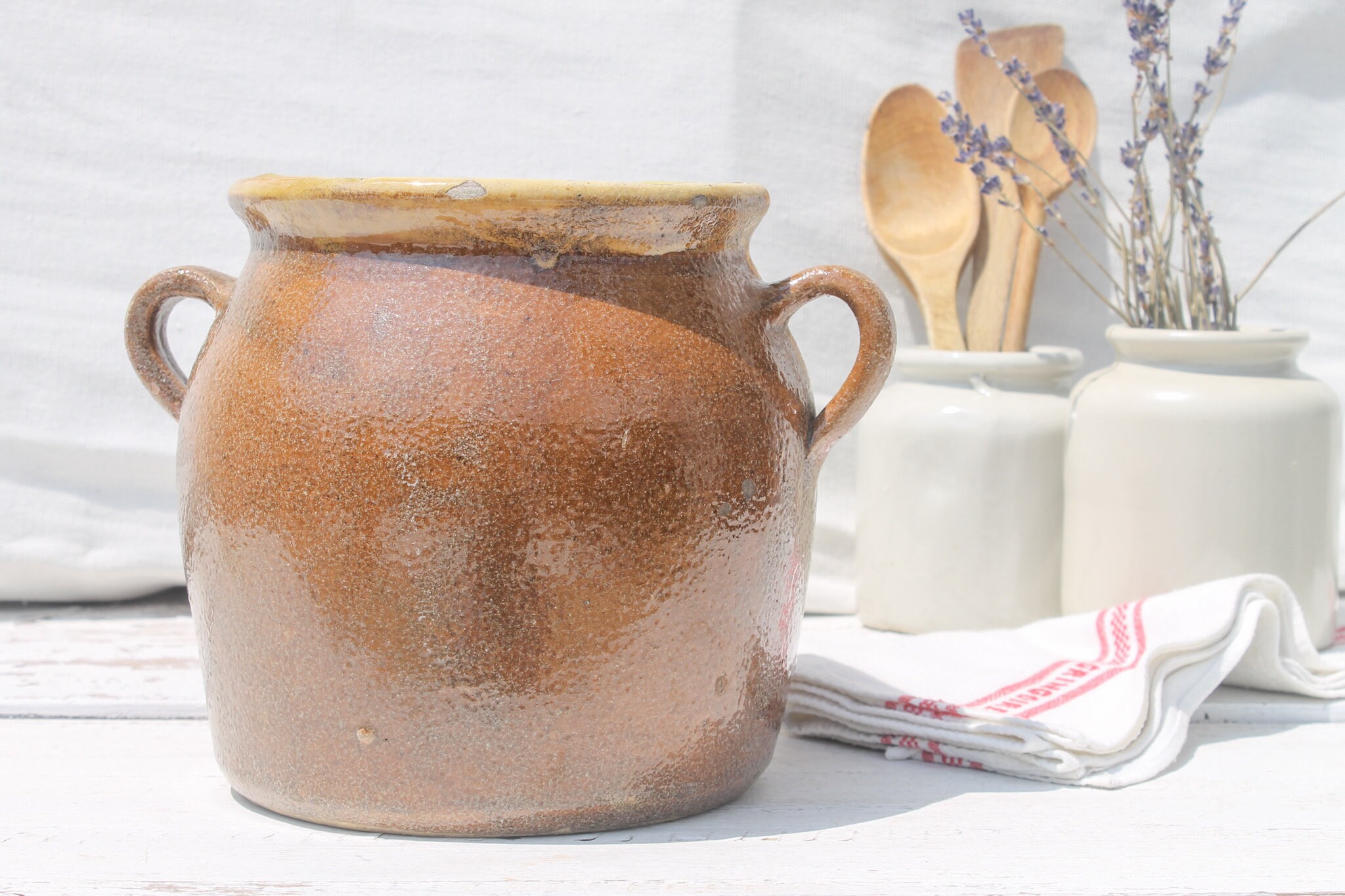 Antique French Brown Glazed Vessel, Confit Pot, France Stoneware ...