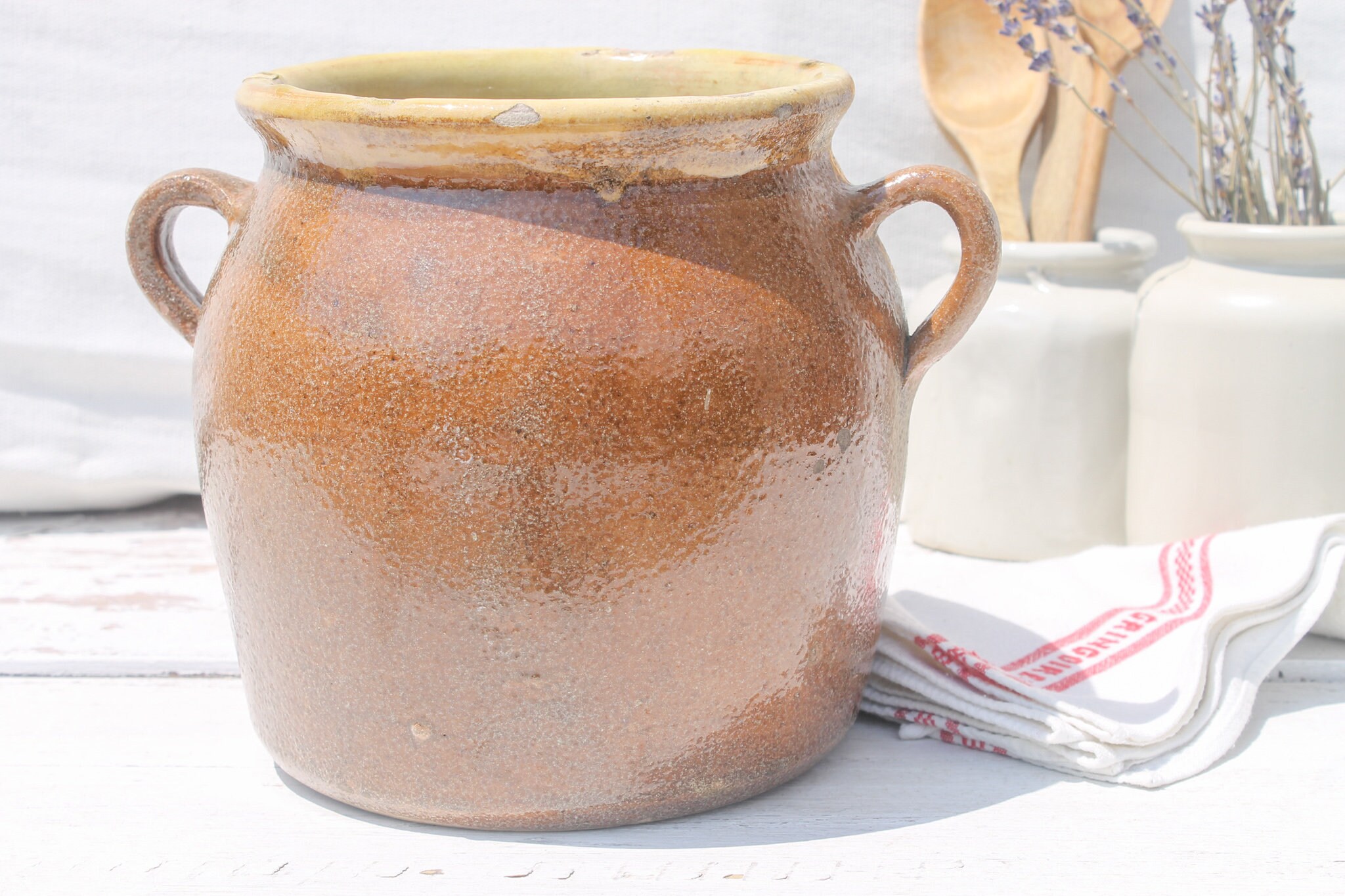 Antique French Brown Glazed Vessel, Confit Pot, France Stoneware ...