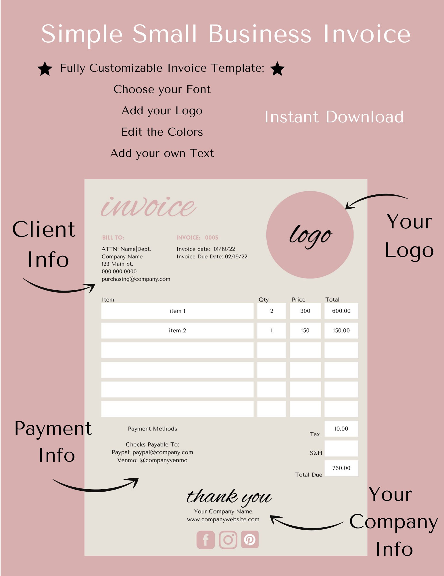 Simple Invoice Template | Editable Canva Template | Digital Download ...