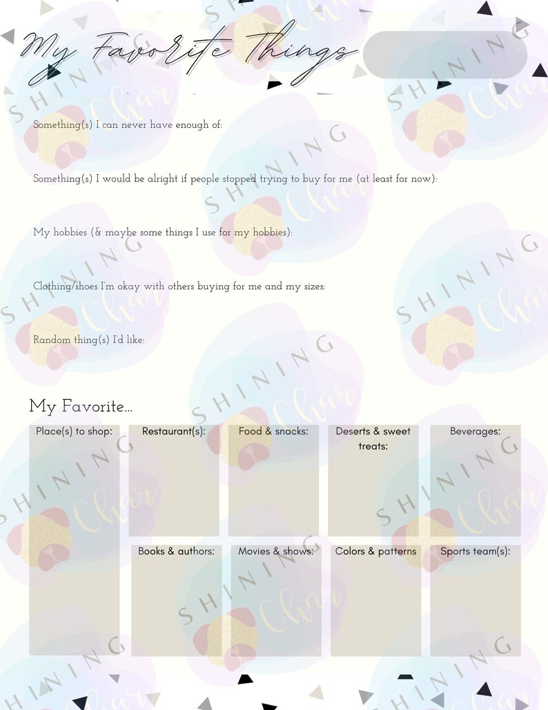 Favorite Things Questionnaire - Etsy