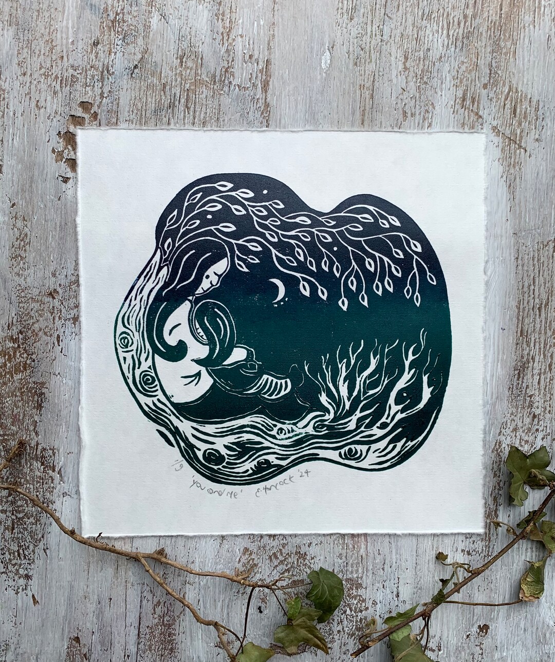 Mother and Child Linocut Print: Boho Art, 8x8 Square - Etsy