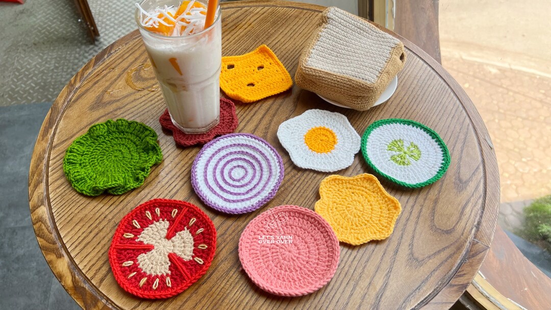 Crochet Pattern | Sandwich Coaster Set | Crochet Lettuce, Fried Egg ...