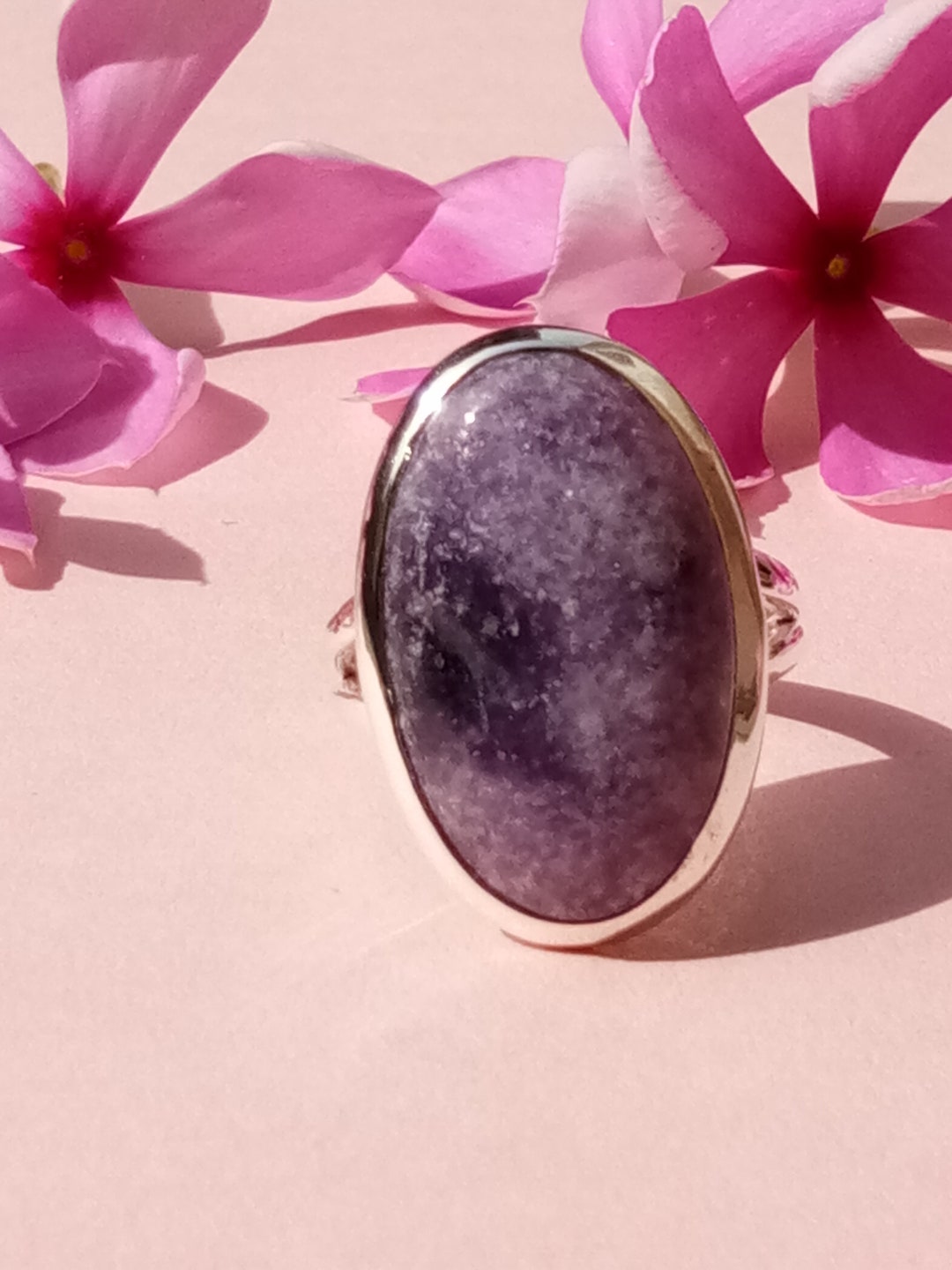 Natural Lepidolite Oval Sterling Silver Ring , 925 Sterling Silver Ring ...