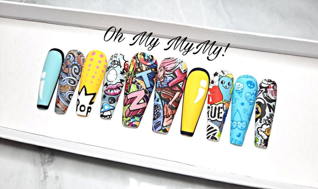 POP ART Press-on Nails| Comic Pow Nails| Summer Fake Nails| Glue on ...