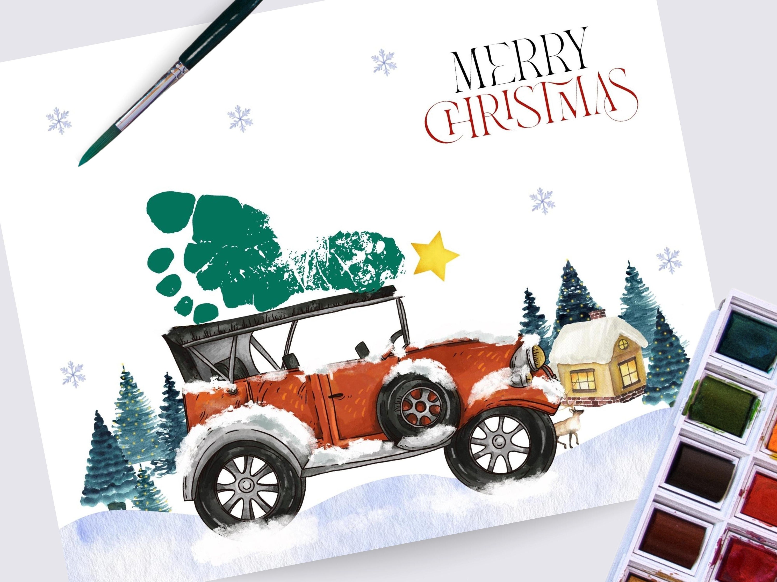 Merry Christmas Tree Footprint Craft, Watercolor Red Car Christmas Tree ...