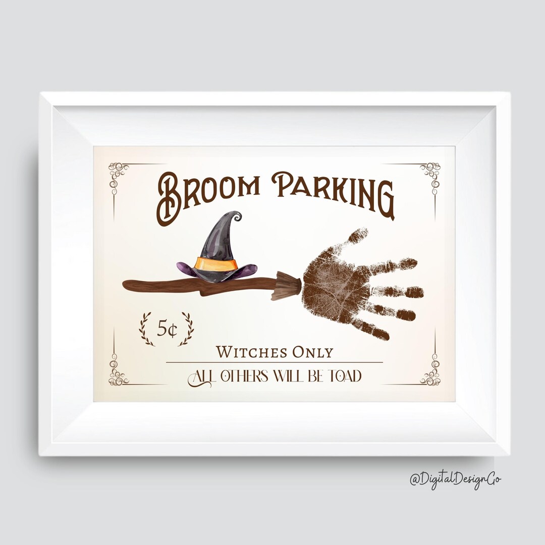 Broom Parking Handprint Craft, Witches Only, Witch Broom Handprint Art ...