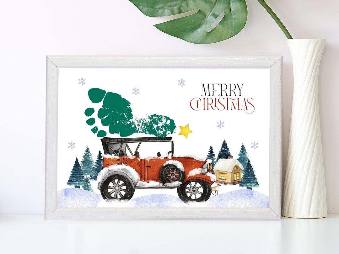 Merry Christmas Tree Footprint Craft, Watercolor Red Car Christmas Tree ...