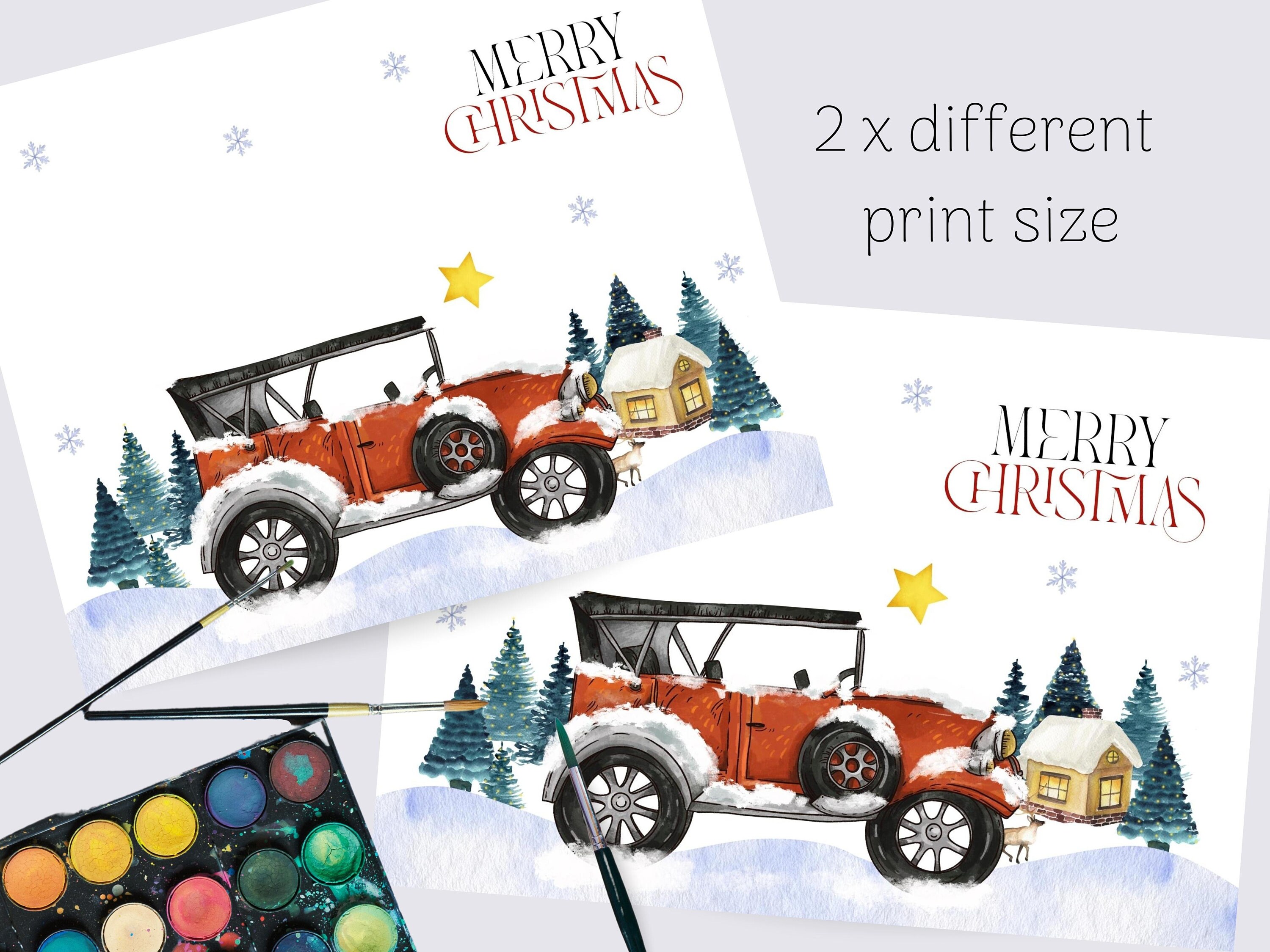 Merry Christmas Tree Footprint Craft Watercolor Red Car - Etsy