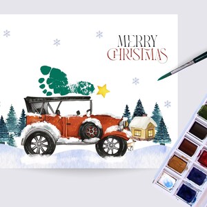 Merry Christmas Tree Footprint Craft Watercolor Red Car - Etsy