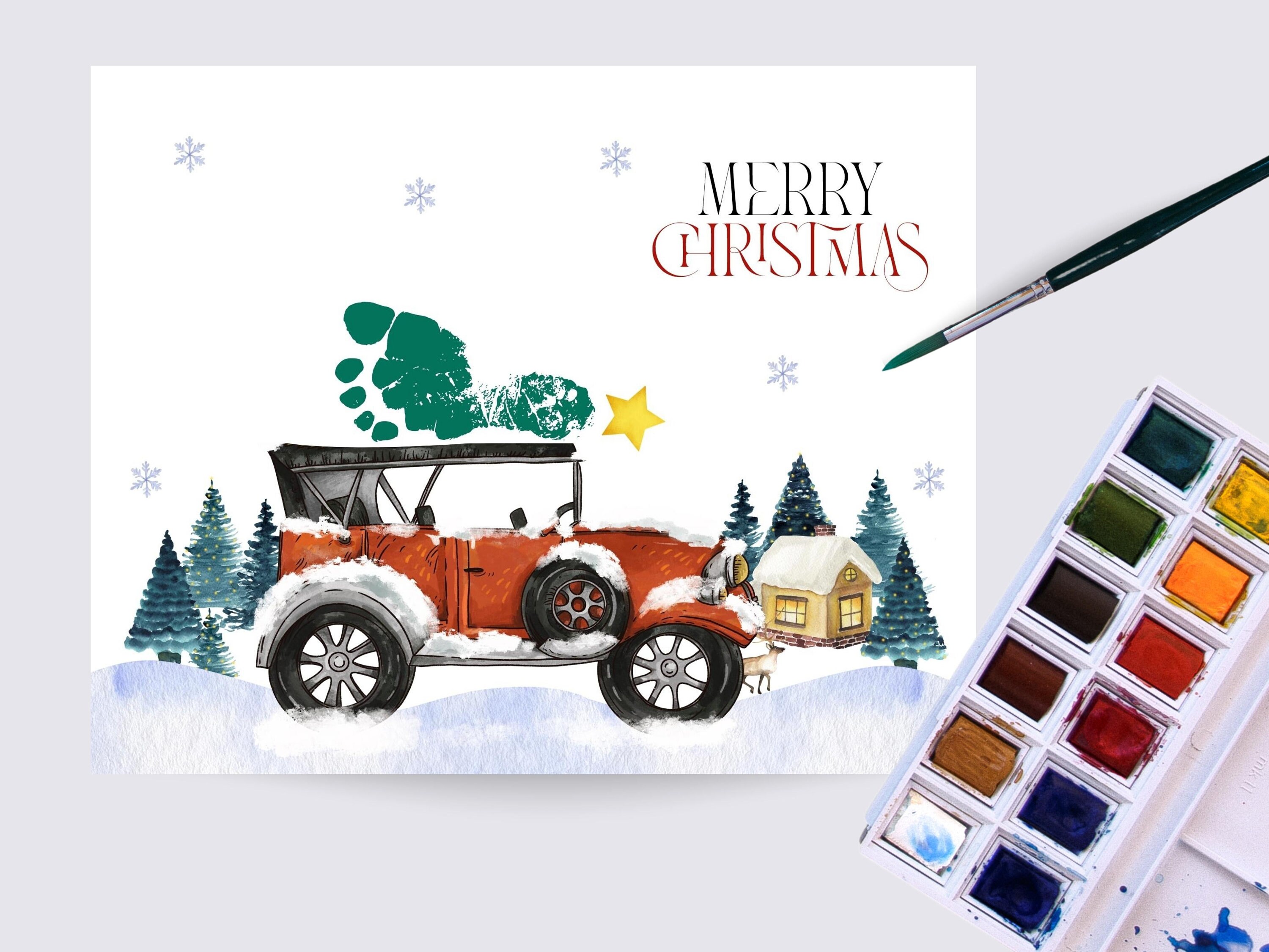 Merry Christmas Tree Footprint Craft Watercolor Red Car - Etsy