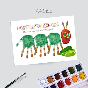 The Hungry Caterpillar Handprint Art, First Day of School, Caterpillar ...