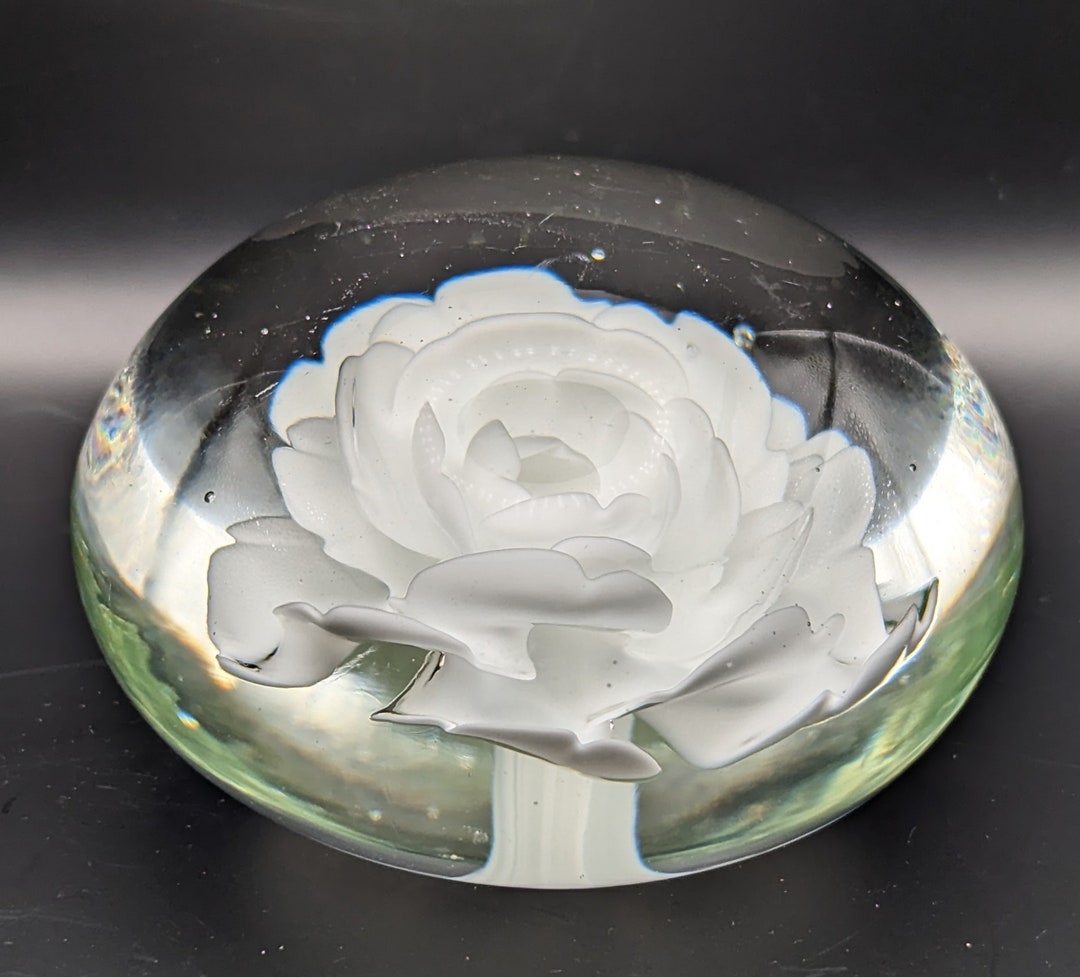 Paperweight White Glass Rose Innocence Purity Sympathy - Etsy