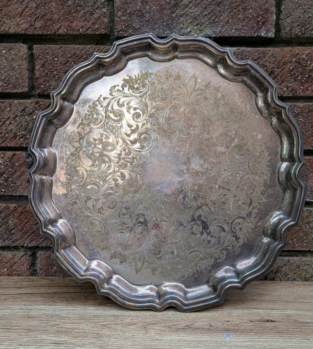 1950s English Silver-plated Engraved Salver Tray – Ornate Scroll Design ...
