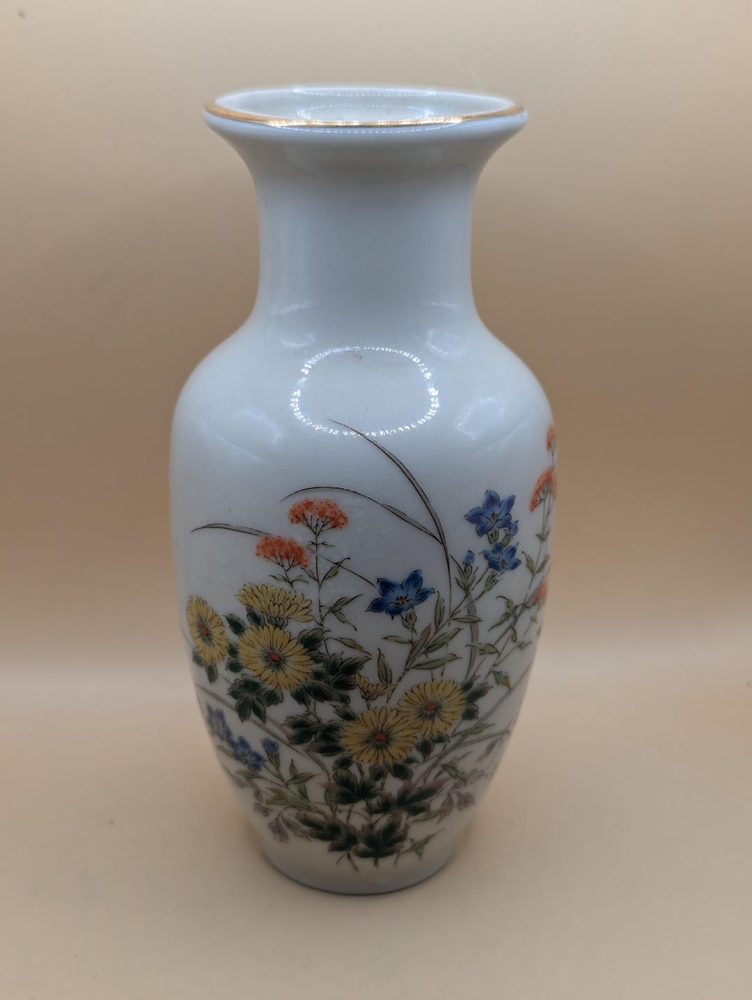 Shibata VTG Porcelain Ivory Vase With Gold Rim and Colorful Floral ...