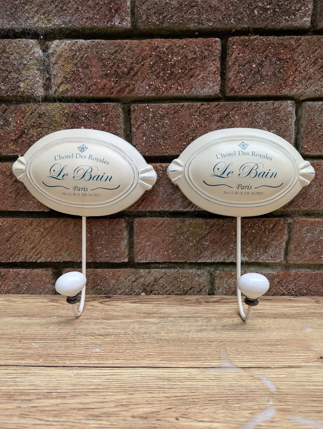 TWO Le Bain Dressing Gown Hooks. Metal and White Ceramic, Keyhole Hook ...