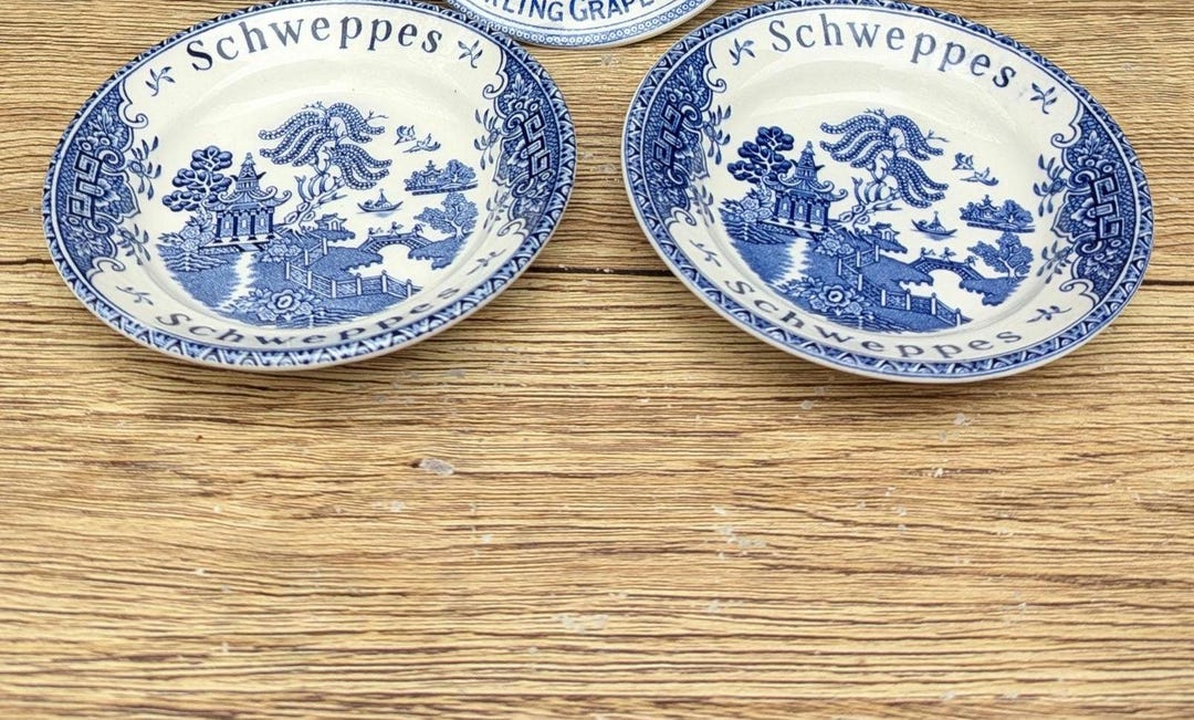 Vintage 1950 Schweppes Advertising Plates – Blue & White Transferware ...