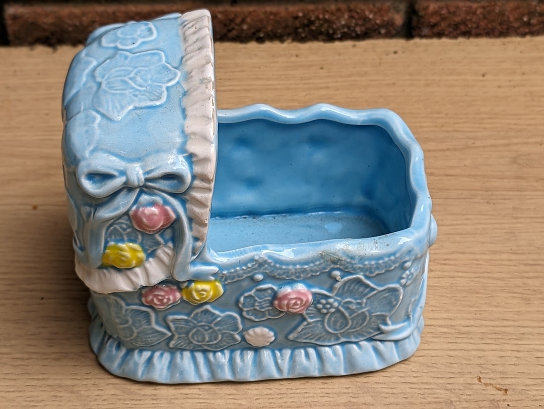 Vintage Porcelain Blue Baby Cradle Container Nursery Decor Baby Shower ...